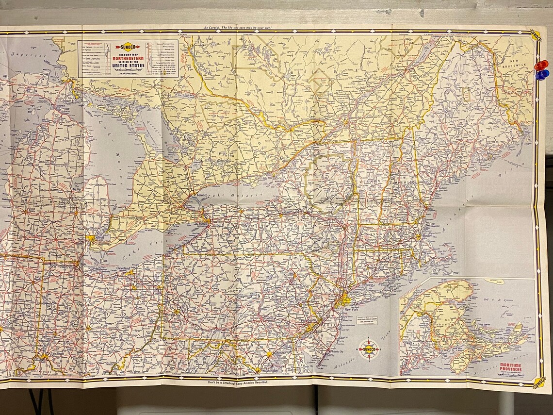 1950s Sunoco Tour Map, 1957 Eastern United States Travel Map, Folding ...