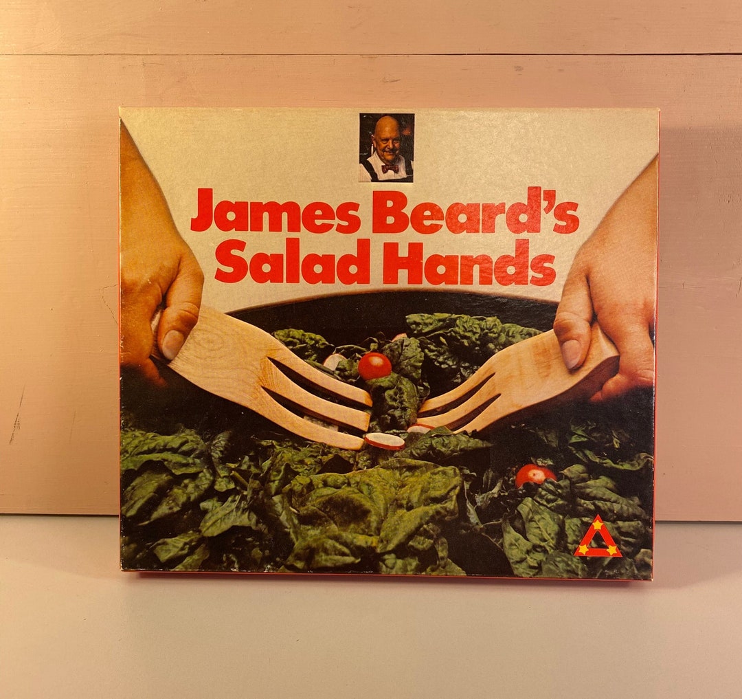 1970s James Beard’s Salad Hands Original Box, Solid Wood Salad Server ...