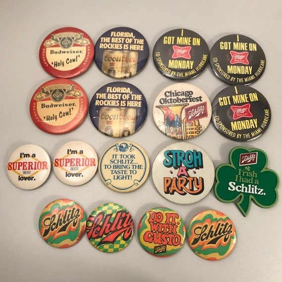 17 Beer Pinback Buttons, Vintage Kitschy Collection, … - Gem