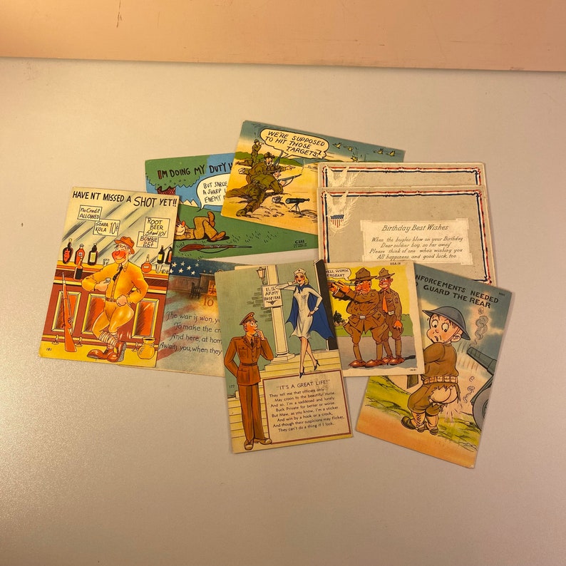 9 Old WWII US Military Postcards, Old Souvenir World War 2 Funny Post ...
