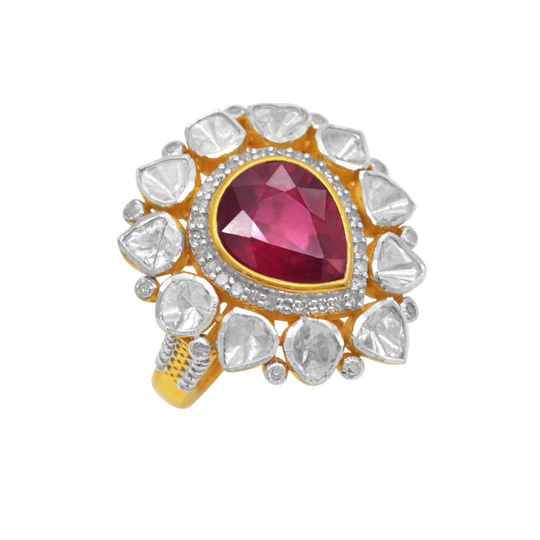 925 Sterling Silver 18k Micron Gold Plated Natural Pave Diamonds Polki Ruby GF Superb Women's ...
