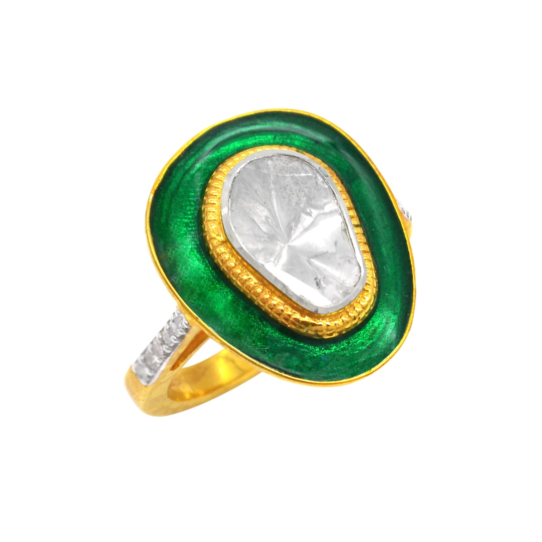 925 Sterling Silver 18k Micron Gold Plated Natural Pave Diamond Polki ...