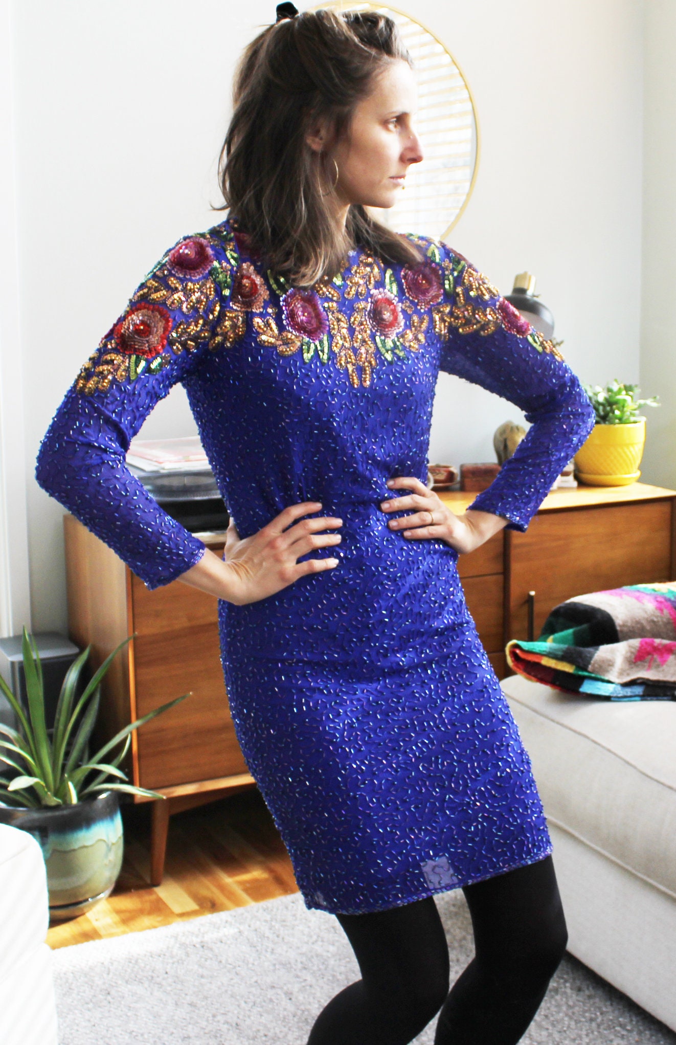 Bright Blue Floral Beaded Dress | Etsy