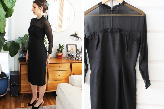 Vintage Little Black Dress | 1960s Sheer Top Glass - Gem