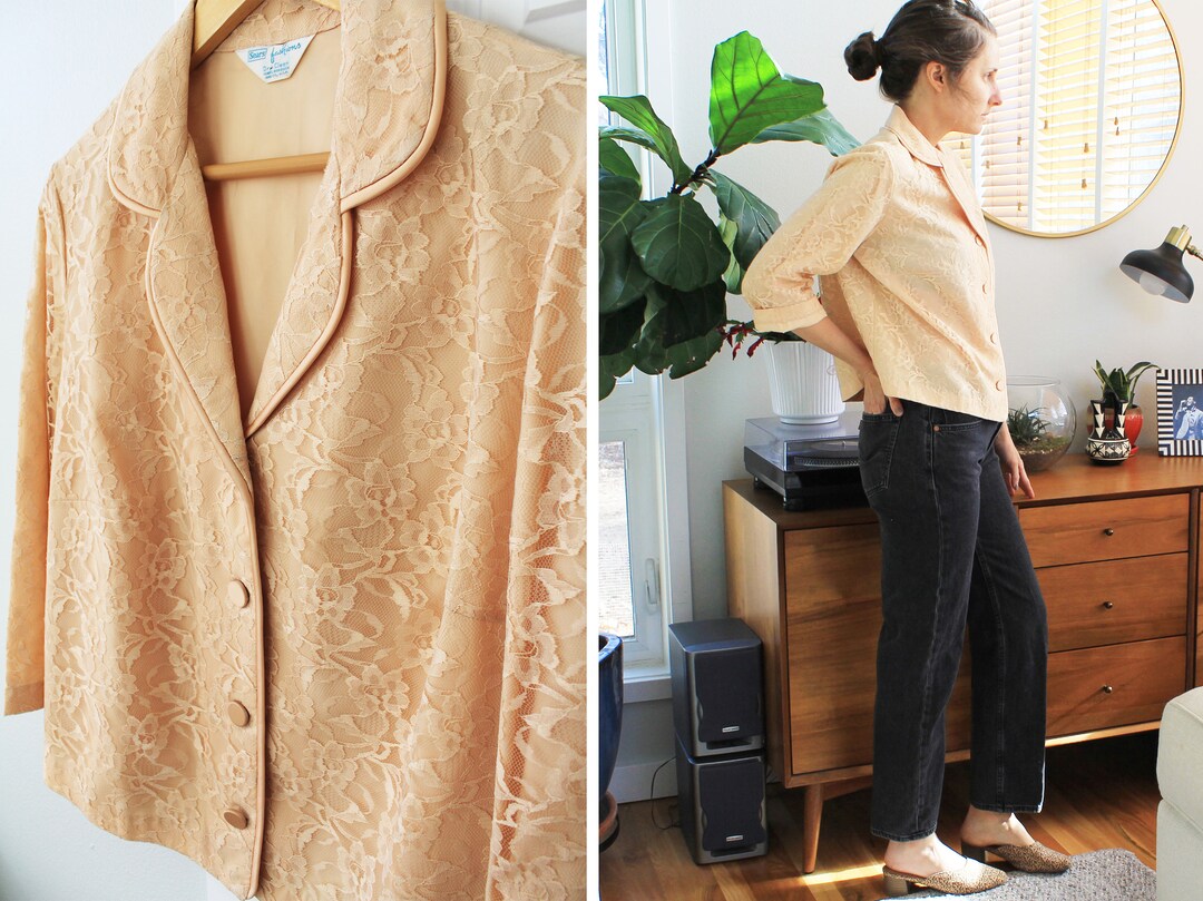 1960s Sears Peach Lace Cropped Button Down | Vintage Blush Lacy Blazer ...