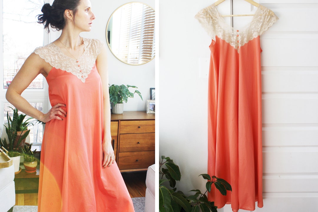 Vintage Peach Long Nightie With Tan Lace Detail | 1970s Floor Length ...