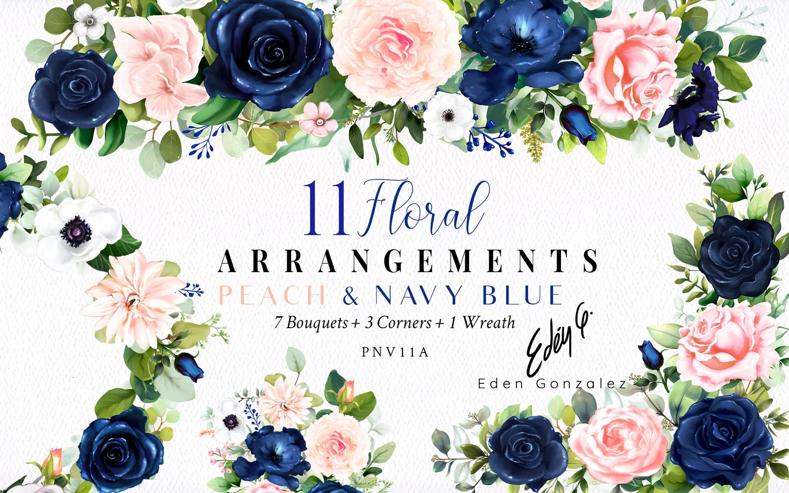Digital Peach & Navy Blue Arrangements/clipart/illustrations/flowers ...