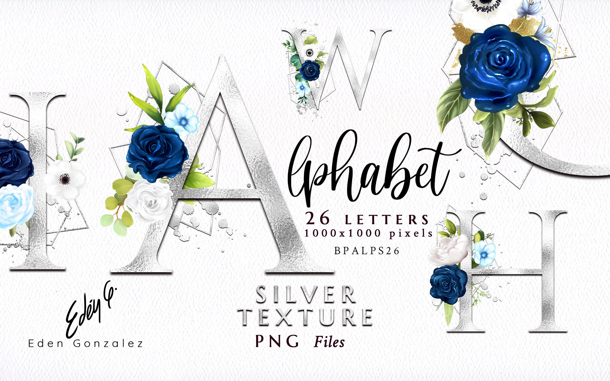 Alphabet/Letters/PNG/Silver/Floral/Clipart/Blue/Navy/Baby/Arra | Etsy