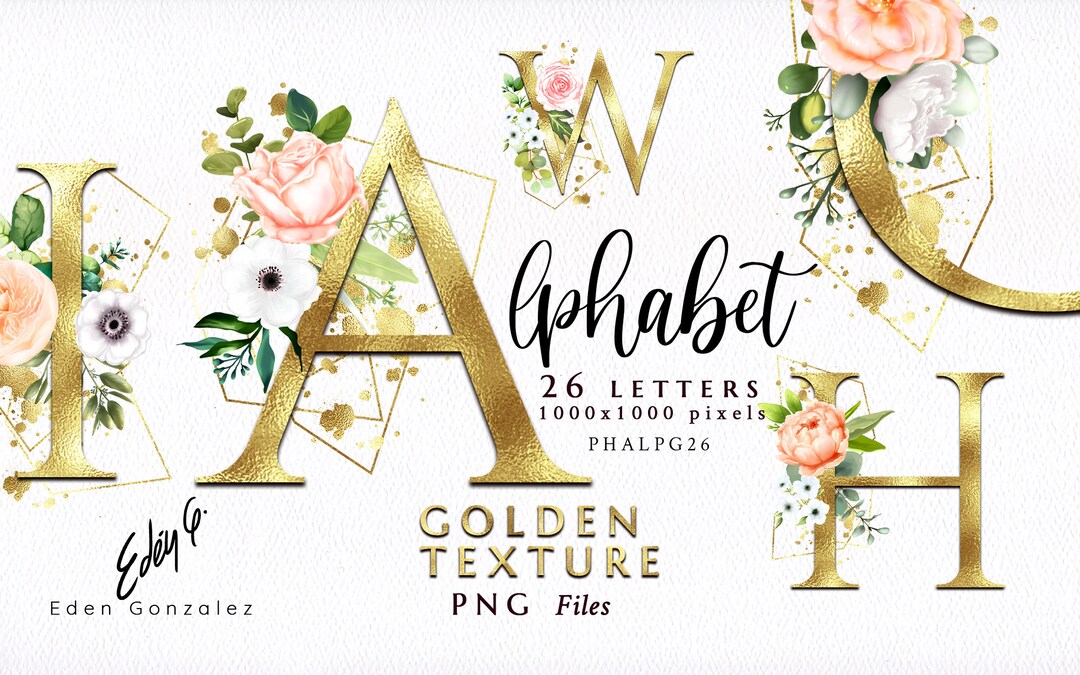 Alphabet/letters/png/golden/floral/clipart/peach/beige/arrangements ...