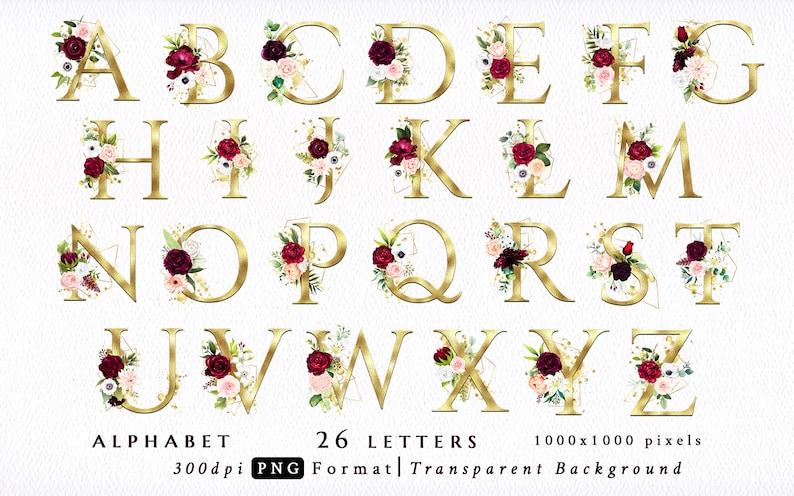 Alphabet/letters/png/golden/floral/clipart/burgundy/arrangemen | Etsy