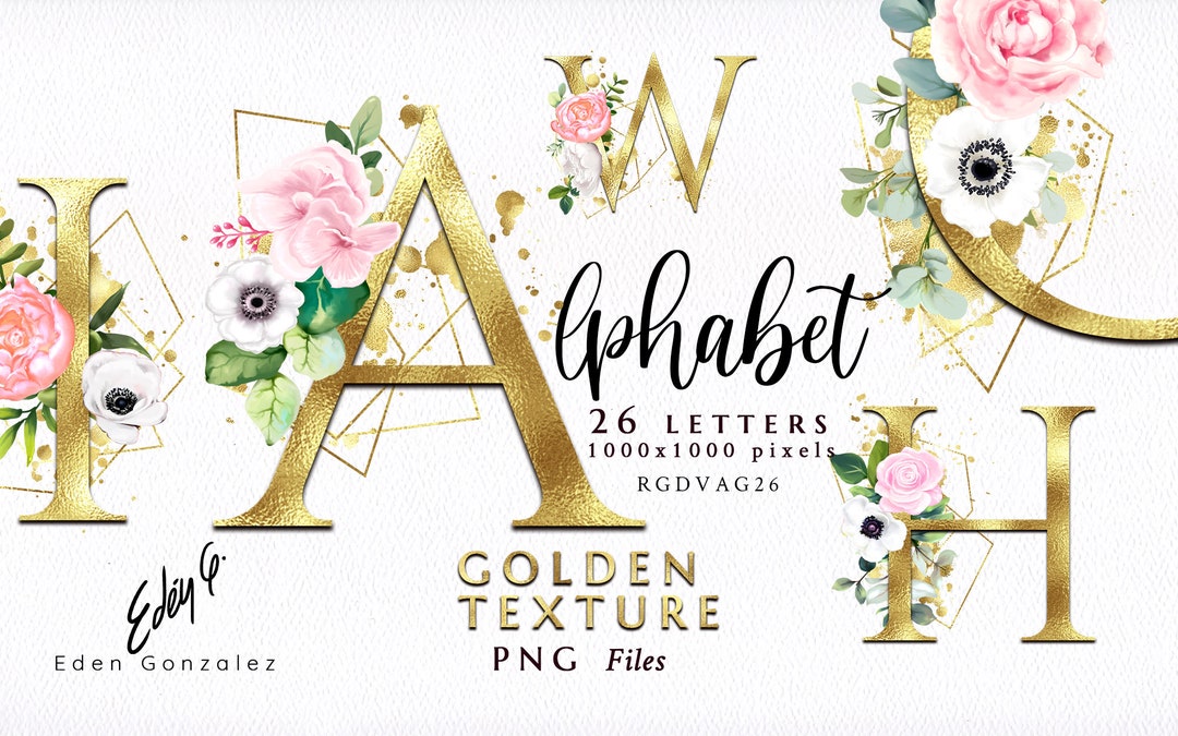Alphabet/letters/png/golden/floral/clipart/pink/rose Gold/arrangements ...