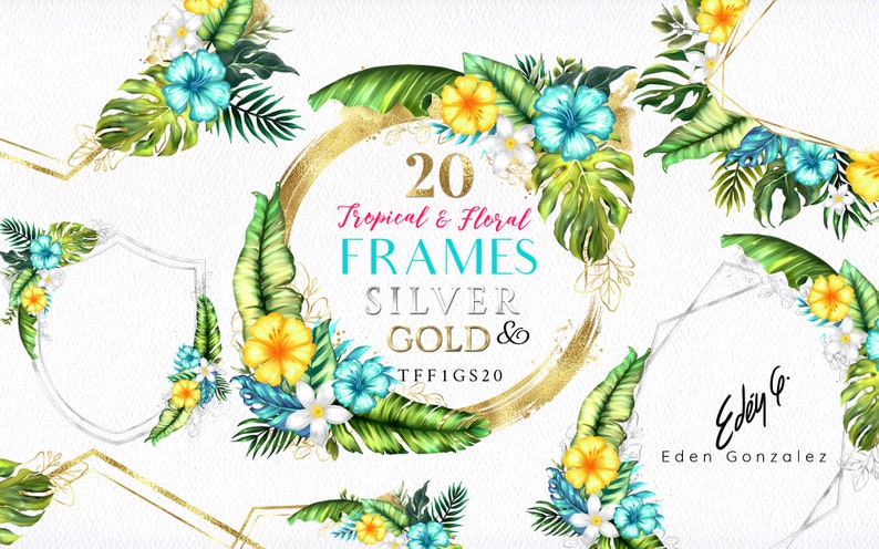 Digital Tropical Frames/greenery/golden/silver/herbal/clipart/botanical ...