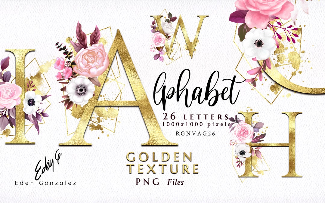 Alphabet/letters/png/golden/floral/clipart/pink/rose Gold/arrangements ...