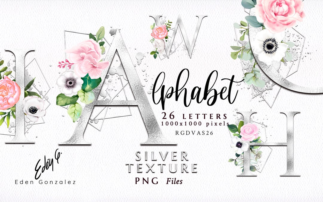 Alphabet/letters/png/silver/floral/clipart/pink/rose Gold/arrangements ...