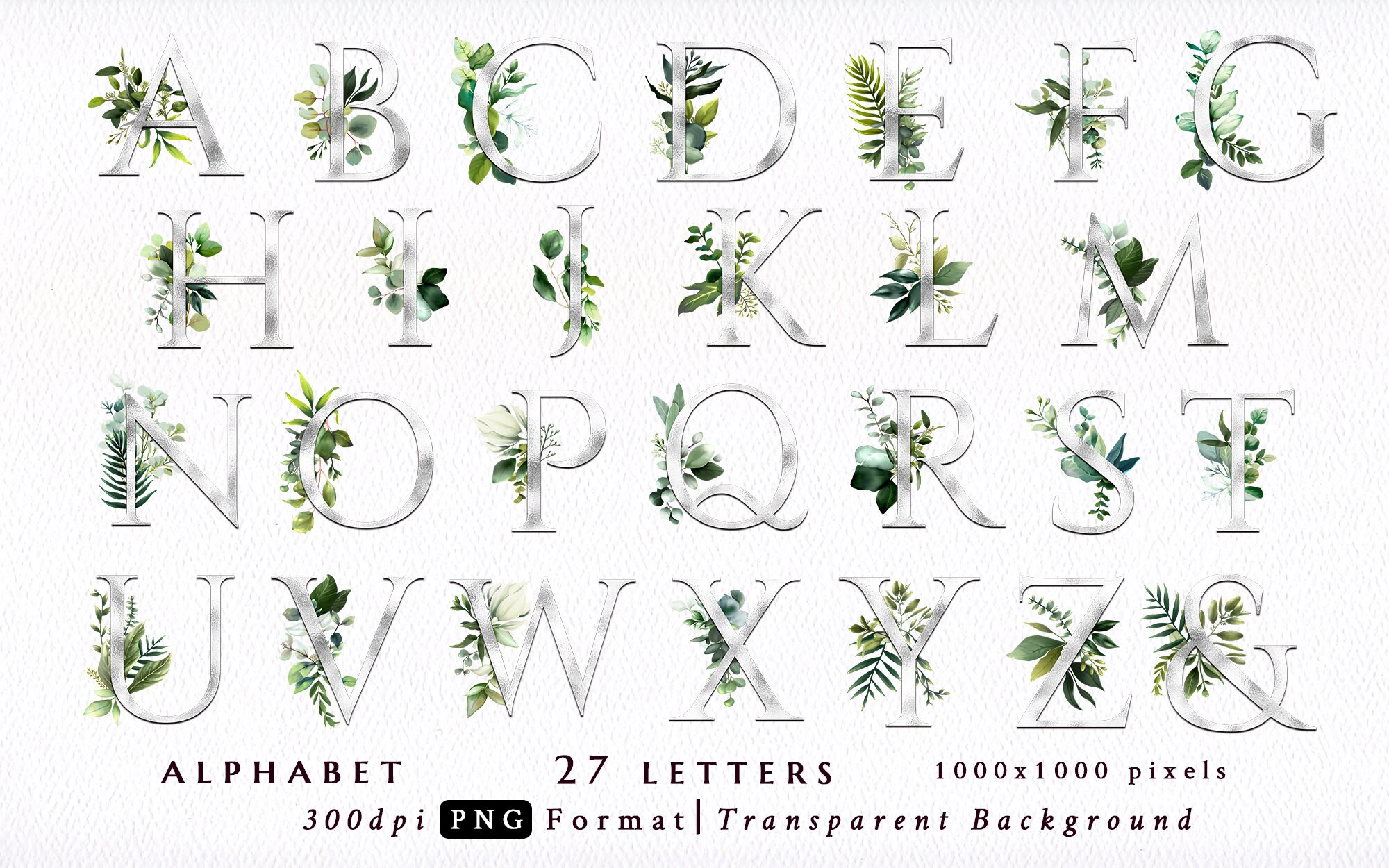Alphabet/Greenery/Leaf/Leaves/Herbal/Tropical/Letters/PNG/Silv | Etsy