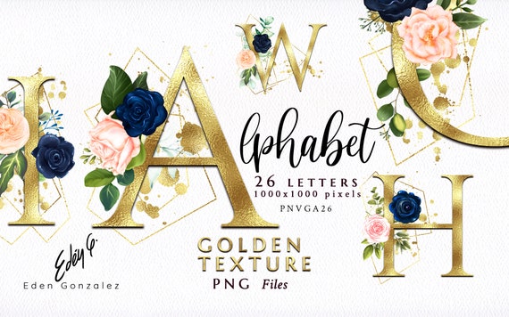 Alphabet/letters/png/golden/floral/clipart/blue/navy/beige/pea | Etsy