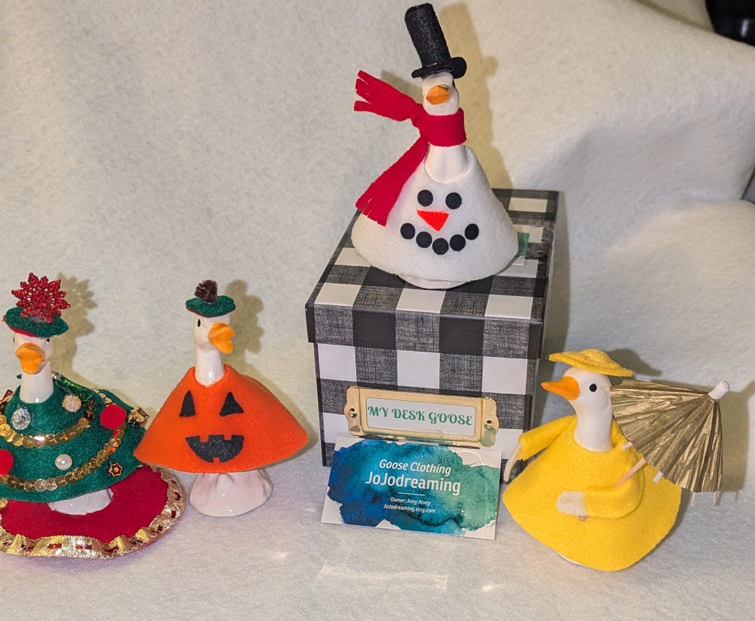 DESK GOOSE "starter Package". Box, Ceramic Goose and 4 Outfits (as Seen ...