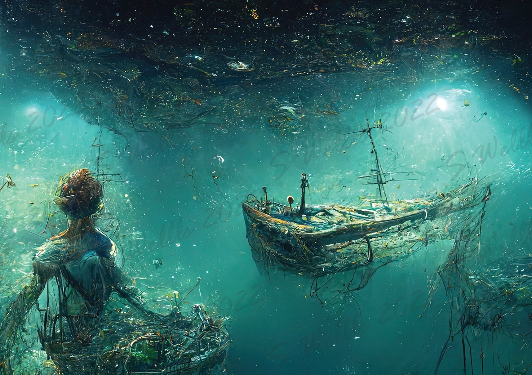 Fantasy Shipwreck Art Print: Underwater Mermaid Scene (digital Download ...
