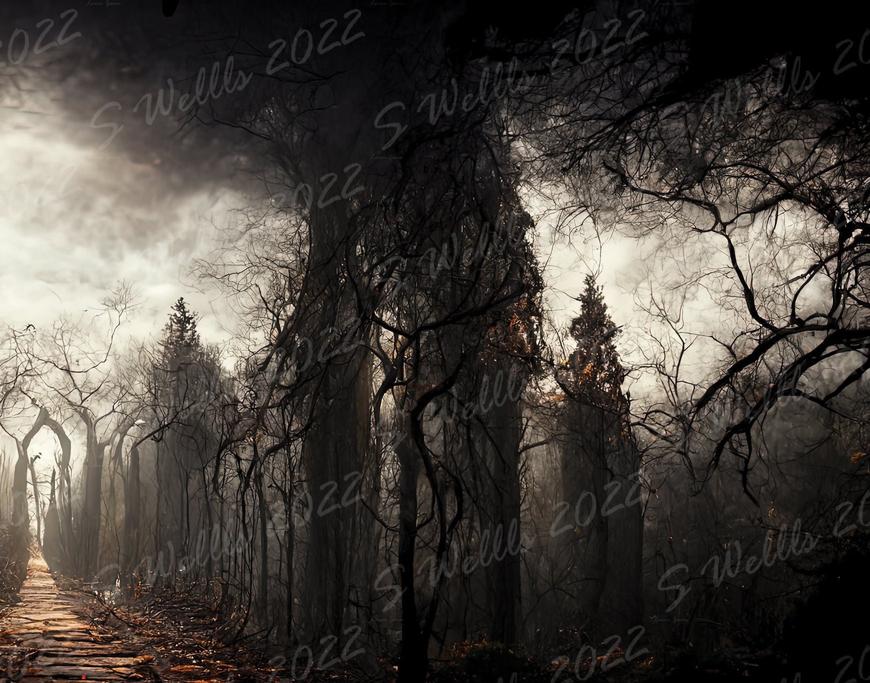 Dark Autumn Forest Path Art Print: Gothic Fantasy Background (digital ...