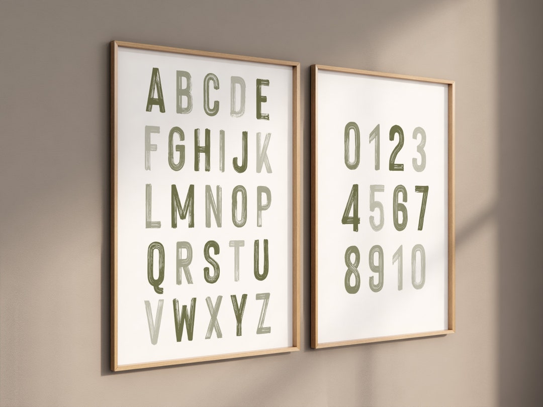 DIGITAL DOWNLOAD Nursery Decor Set of Two Green Alphabet Numbers Poster ...