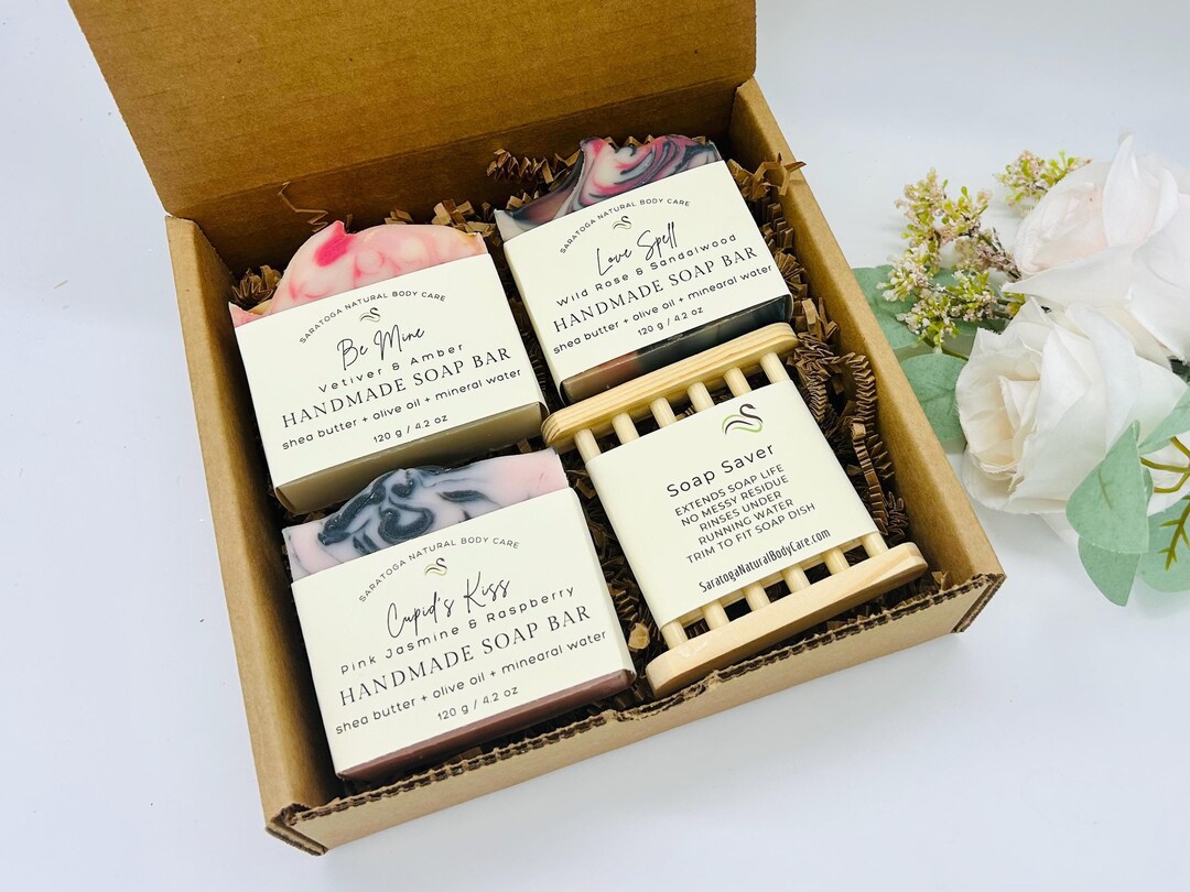 Valentines Day Gift Set / 3 Soap Bars and Bamboo Soap Saver / Gift Idea ...