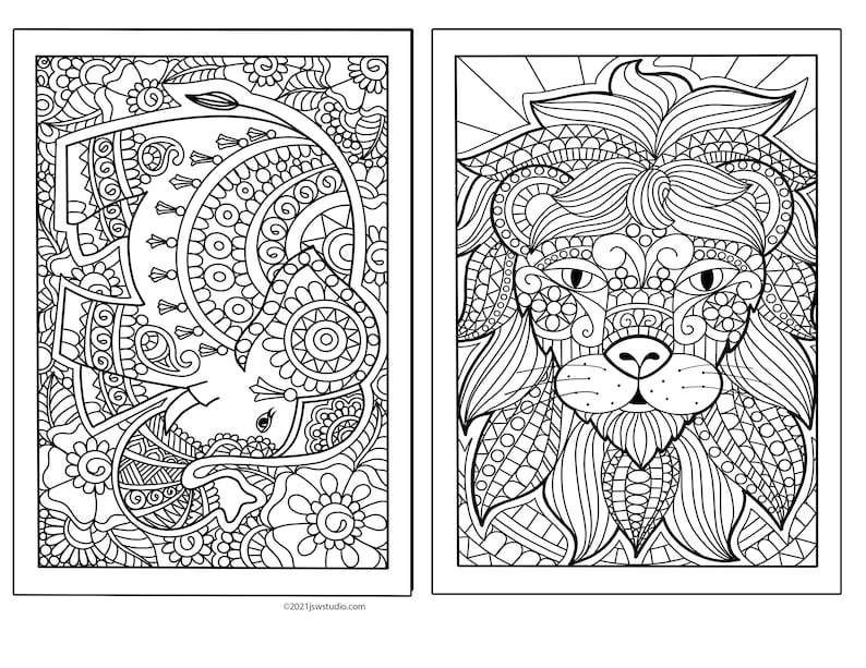 Printable Download - ANIMAL Coloring Pages, Peacock, Tiger, Elephant ...