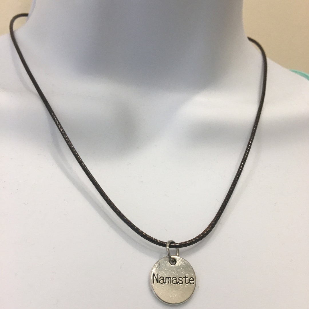 Namaste Charm Necklace: Antique Silver, Black Waxed Cotton Cord - Etsy