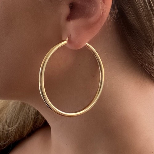 14k Yellow Gold Hoop Earrings. 2 Inch Long Yellow Gold Hoop - Etsy