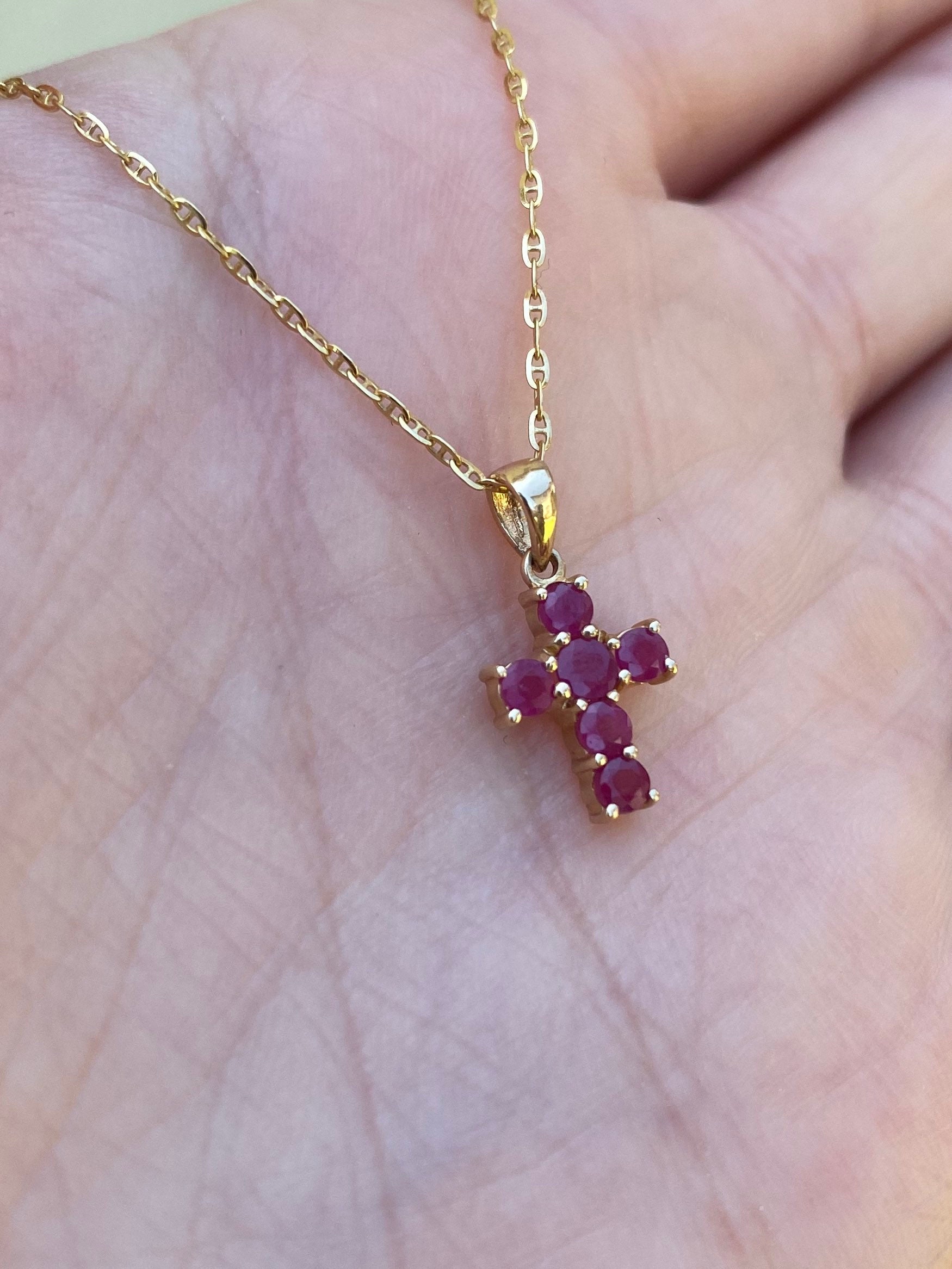 14k yellow gold dainty Ruby cross. Dainty Cross pendant. | Etsy