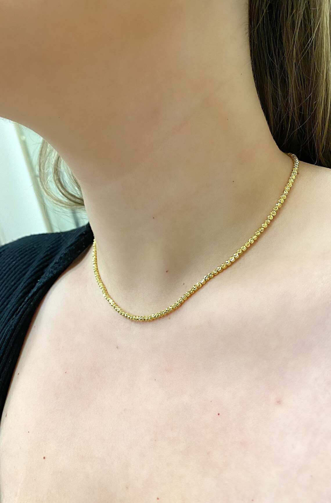 14k Moon Cut Chain. Beaded Diamond Cut Choker Chain. Shiny Gold ...