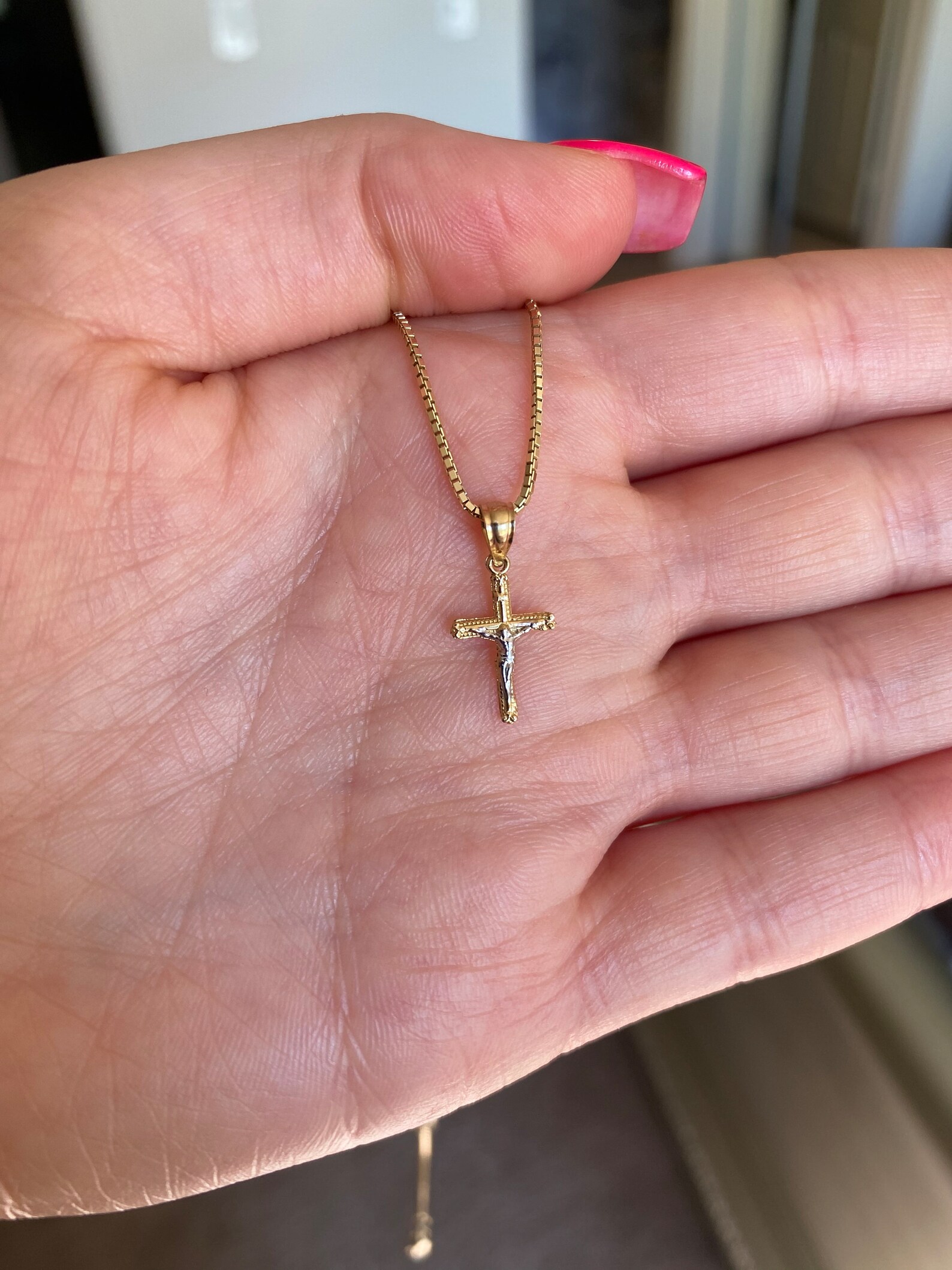 14k Dainty Two Tone Crucifix Pendant. Small Cute Crucifix. Baptism Gift ...