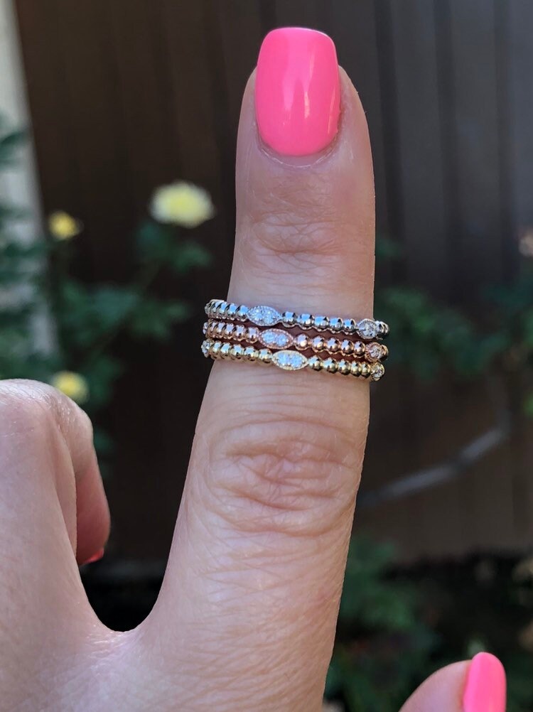 Tri-color stackable beaded diamond bands. stackable rings. | Etsy