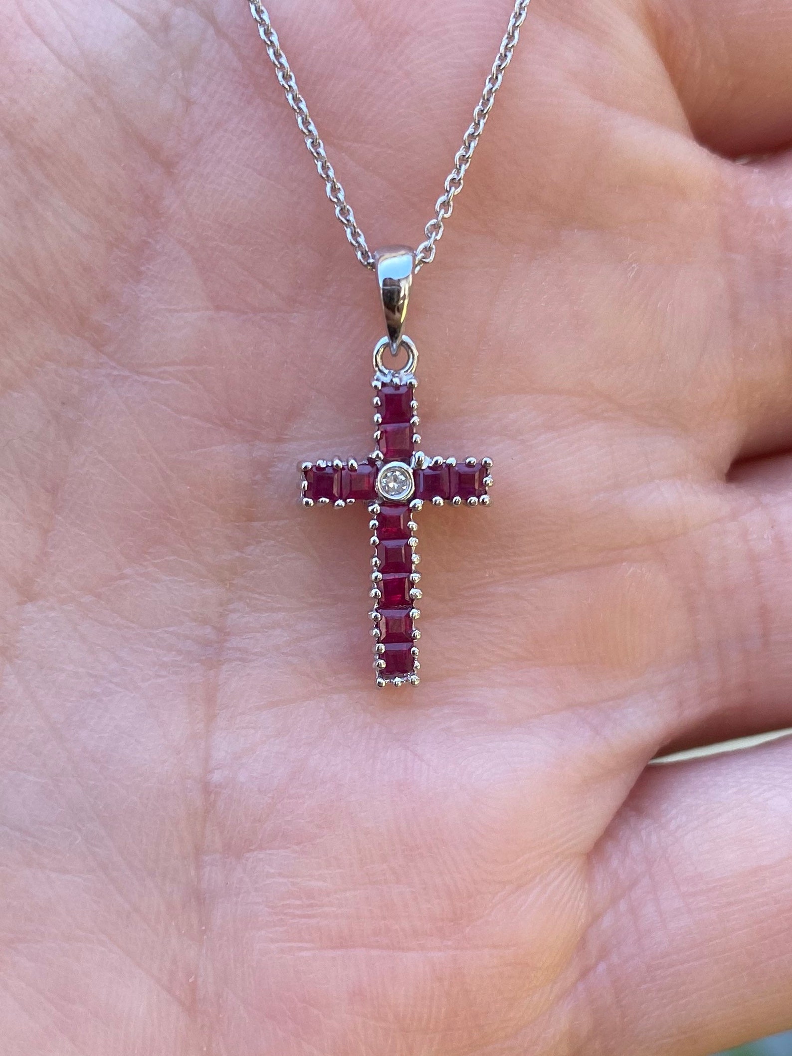 Dainty Ruby Cross Pendant. Stackable Cross Ladies Necklace. Anniversary ...