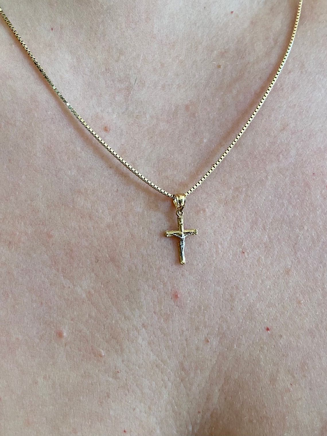 14k Dainty Two Tone Crucifix Pendant. Small Cute Crucifix. Baptism Gift ...