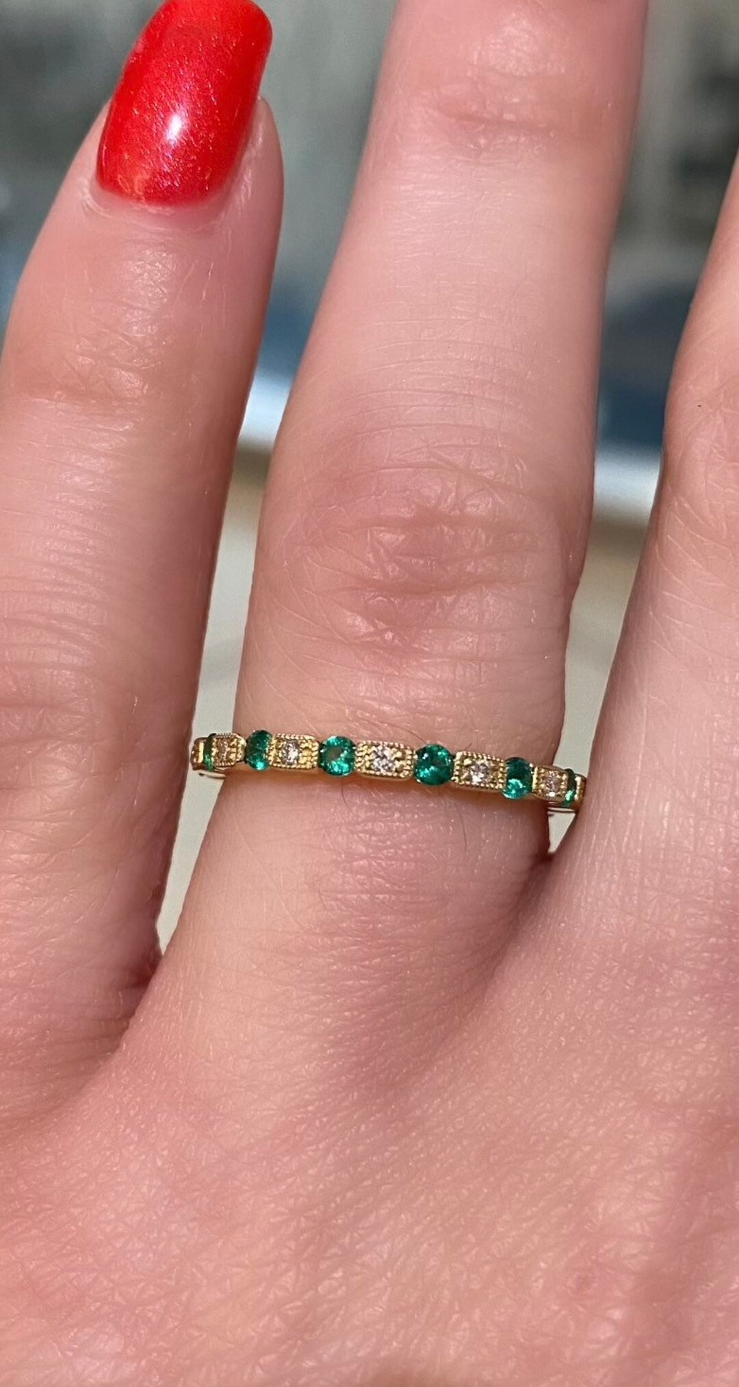 Art Deco Emerald Green and Diamond Band. Emerald Diamond Stackable Ring ...