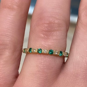 Art Deco Emerald Green and Diamond Band. Emerald Diamond Stackable Ring ...