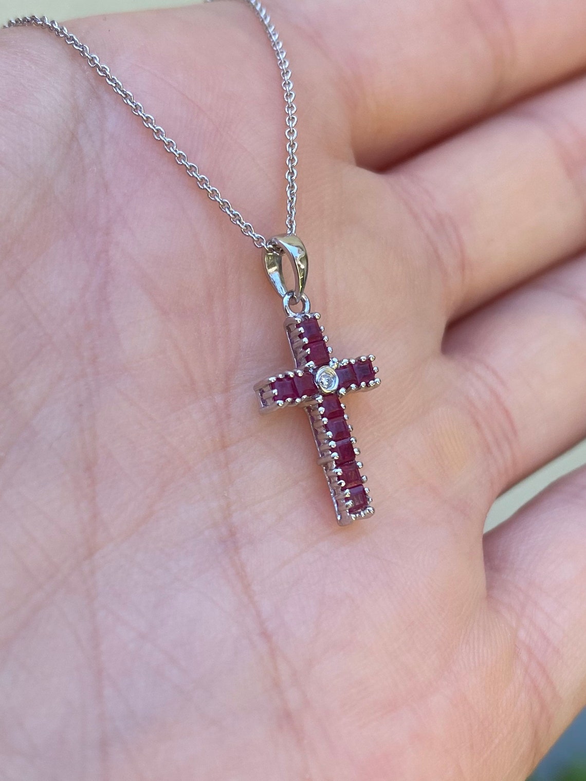 Dainty Ruby Cross Pendant. Stackable Cross Ladies Necklace. Anniversary ...