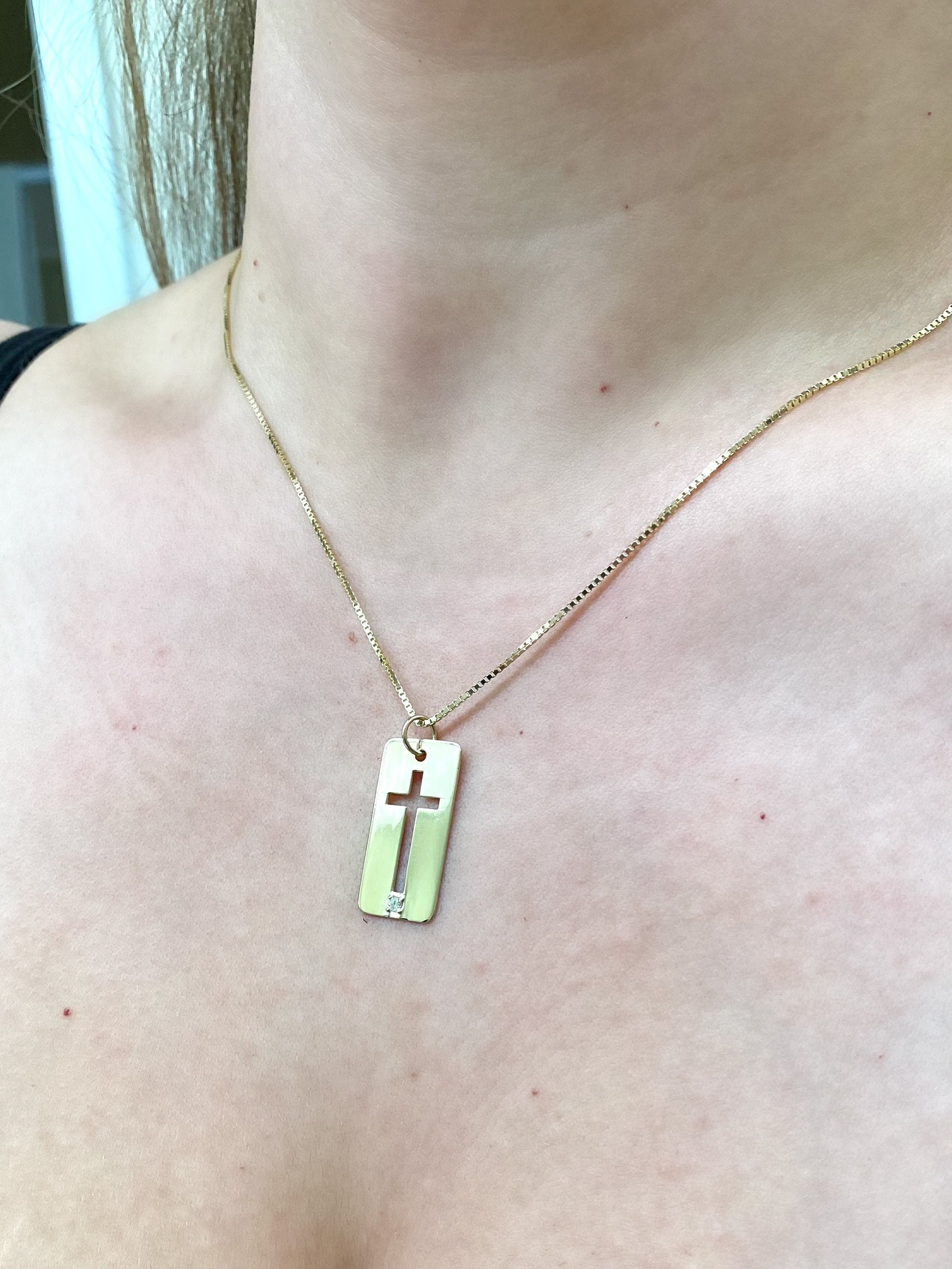 14k Engraved Cross Gold Bar Pendant. Custom Real Gold Engraved Cross ...