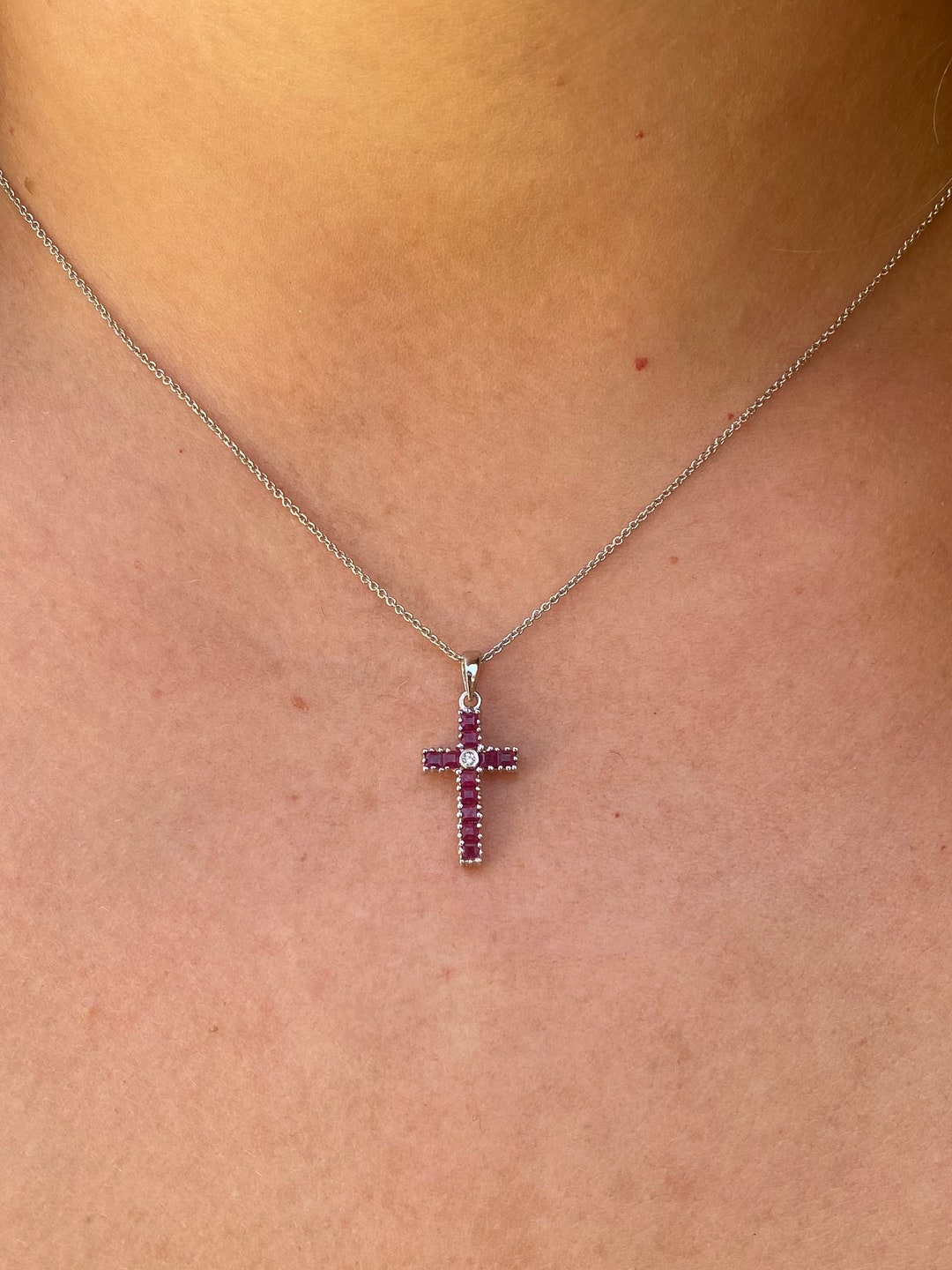 Dainty Ruby Cross Pendant. Stackable Cross Ladies Necklace. Anniversary ...