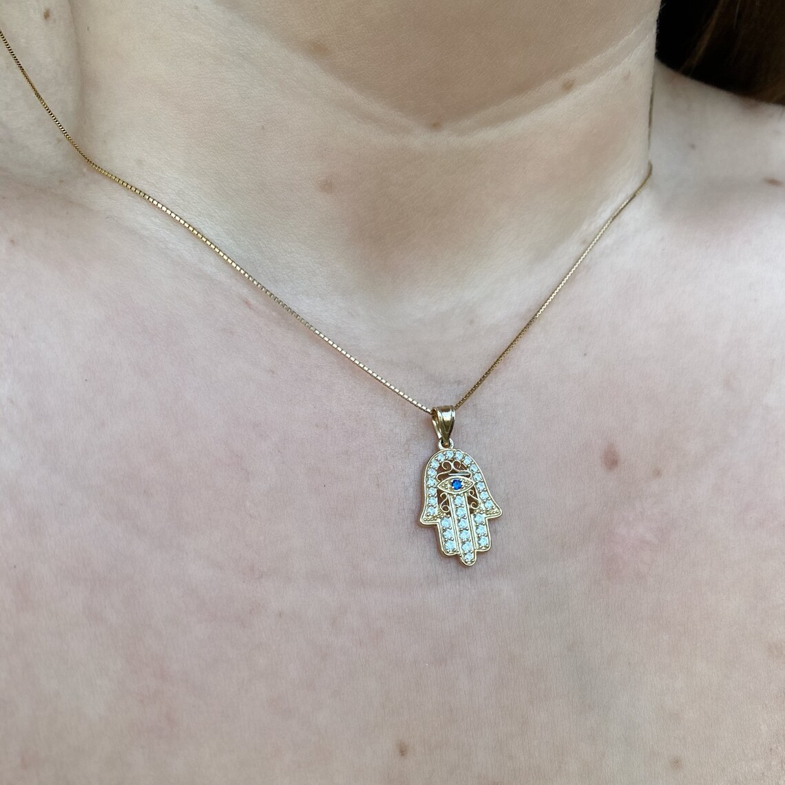 14k sapphire Hamsa necklace. Real Gold and CZ hamsa pendant. | Etsy