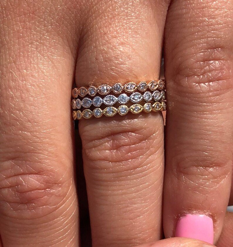 Art Deco Tri Color Diamond Bands. Stackable Bands. Anniversary | Etsy