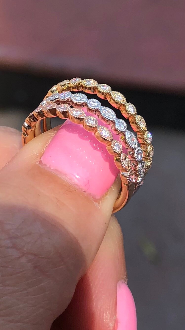 Art Deco Tri Color Diamond Bands. Stackable Bands. Anniversary | Etsy