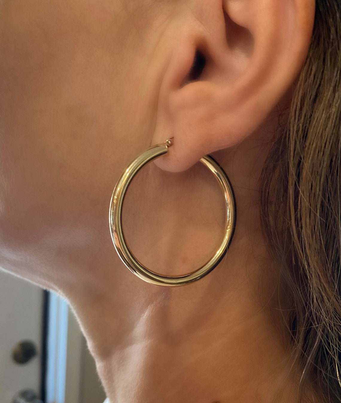14k Yellow Gold Hoop Earrings. 2 Inch Long Yellow Gold Hoop - Etsy