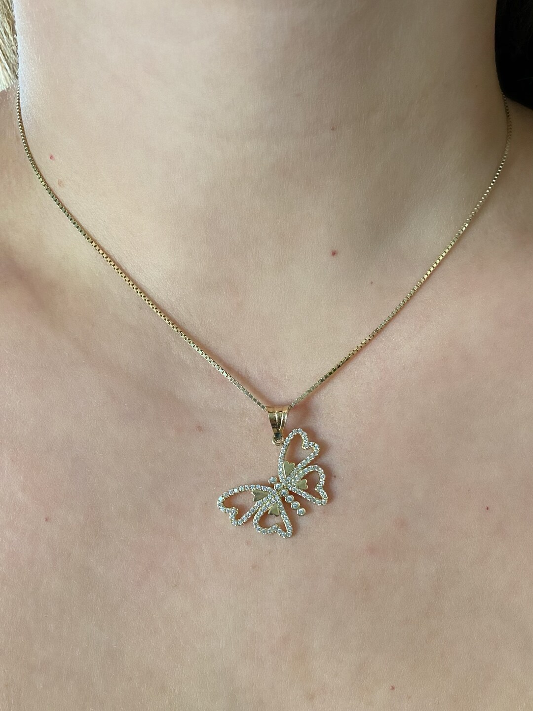 14k Butterfly Real Gold With Diamond Necklace. Yellow Gold Butterfly ...