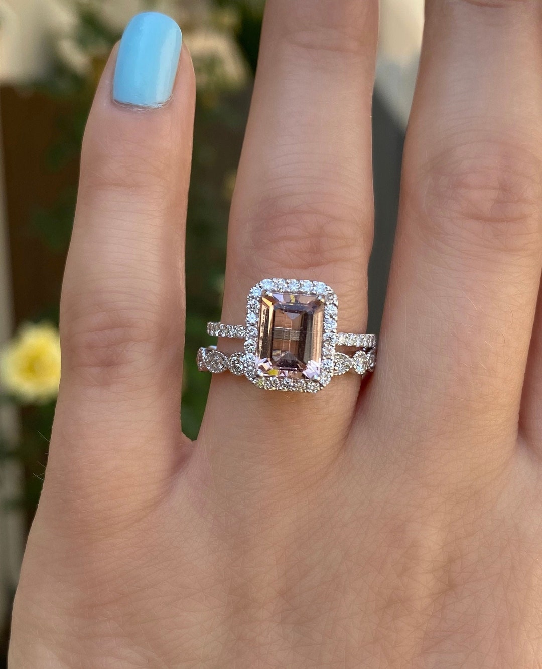 Emerald Cut Morganite Halo Diamond Wedding Set. Art Deco Morganite Halo ...