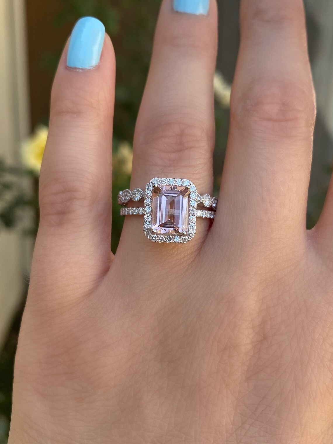 Emerald cut morganite halo diamond wedding set. Art Deco | Etsy