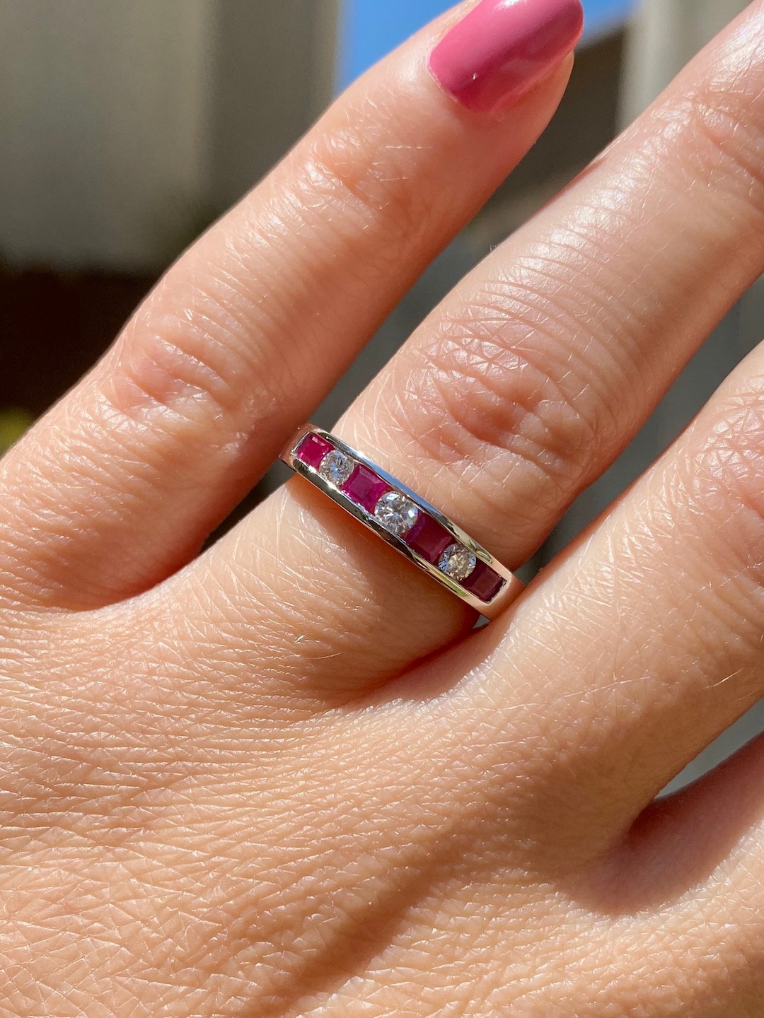 Ruby Channel Set Diamond Band. Ruby Princess Cut and Round Diamond ...