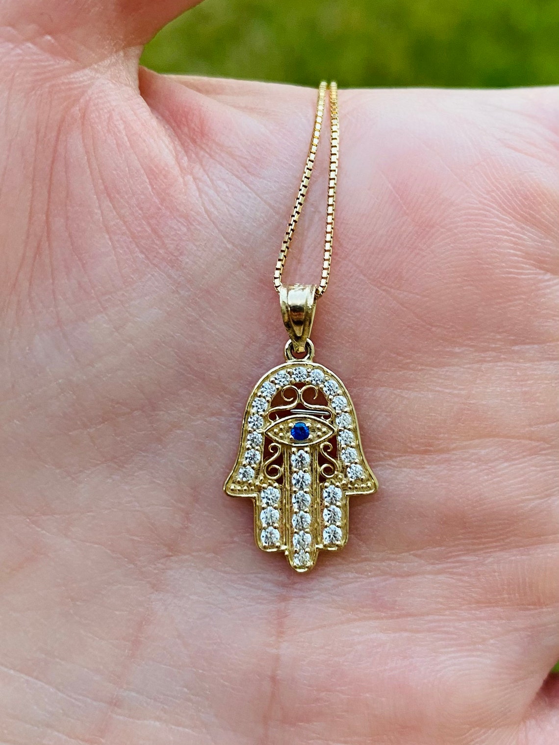14k Sapphire Hamsa Necklace. Real Gold and CZ Hamsa Pendant. - Etsy