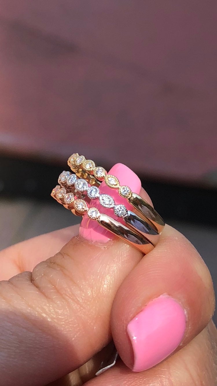 Art Deco Tri Color Diamond Bands. Stackable Bands. Anniversary Gift. - Etsy