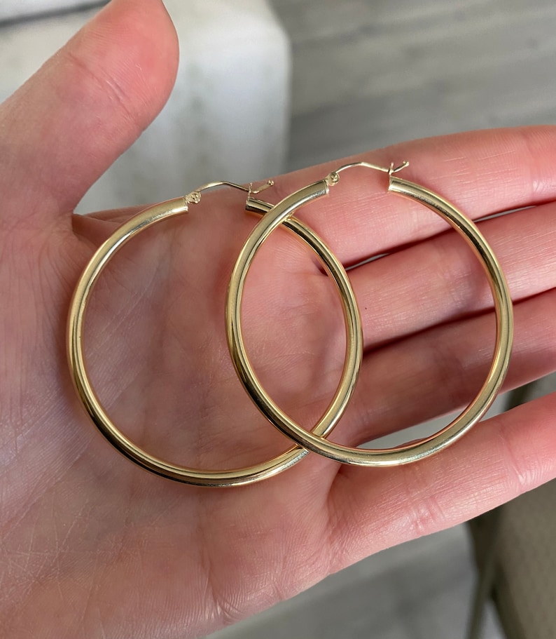 14k Gold 2 Inch Hoop Earrings. 2 Inch 3mm Yellow Gold Hoop - Etsy